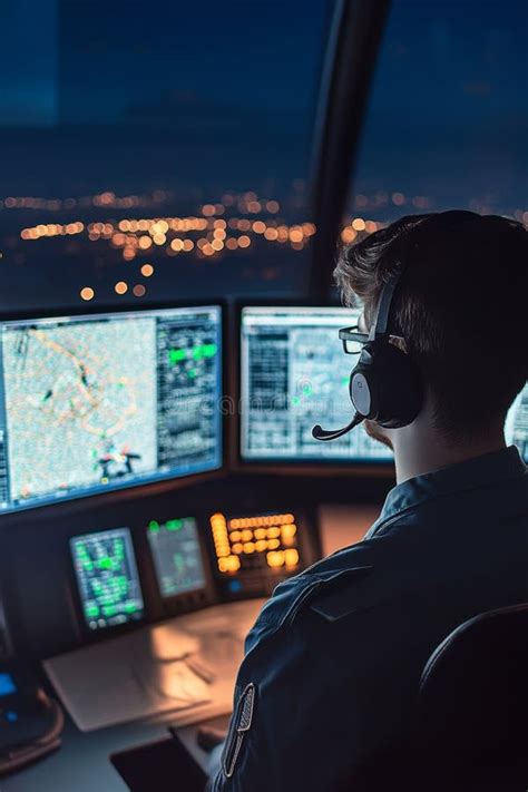 Air Traffic Controller Monitoring Flight Data On Multiple Computer Screens In Airport Tower