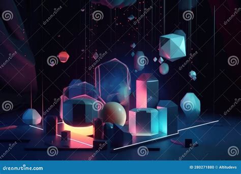 Abstract 3d Environment With Floating Geometric Shapes Lights And Shadows Stock Illustration