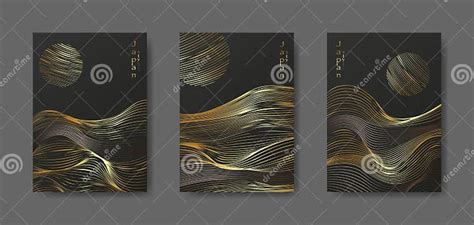 Japanese Landscape Background Set Cards Gold Line Wave Pattern Vector Illustration Golden