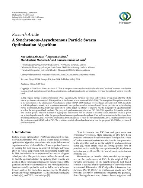 Solution 2014 1 A Synchronous Asynchronous Particle Swarm Optimisation