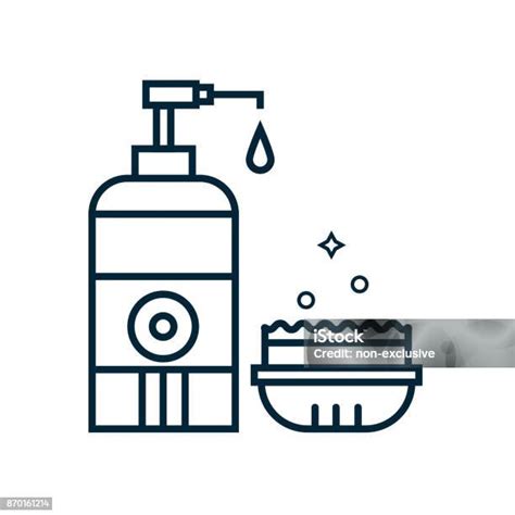 손 주방용 액체 및 컨테이너에 스펀지입니다 세척 및 수 세미 벡터 라인 일러스트 레이 션에 대 한 세제로 병 하우스 주방 욕실 깨끗 한 개념 선형 스타일 가사 집안일에 대한