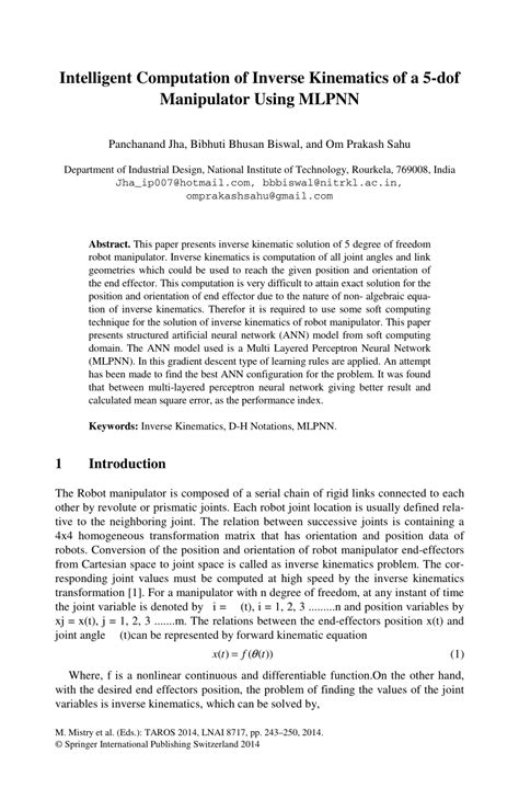 Pdf Intelligent Computation Of Inverse Kinematics Of A 5 Dof Manipulator Using Mlpnn