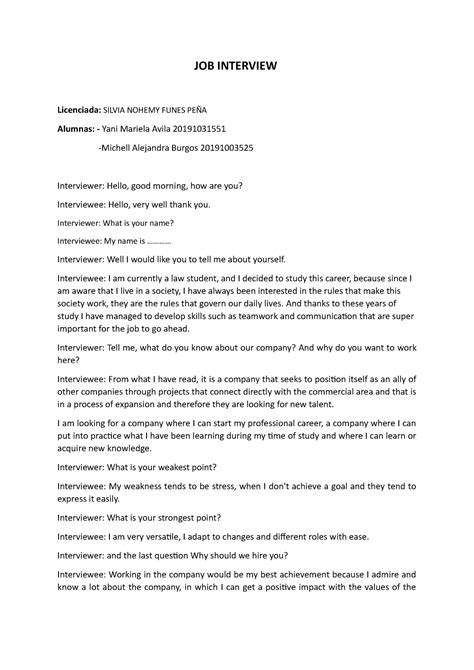 Job Interview Homework Job Interview Licenciada Silvia Nohemy Funes PeÑa Alumnas Yani
