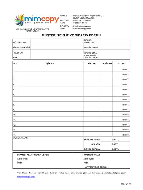Excel Fiyat Teklif Şablonu Pdf