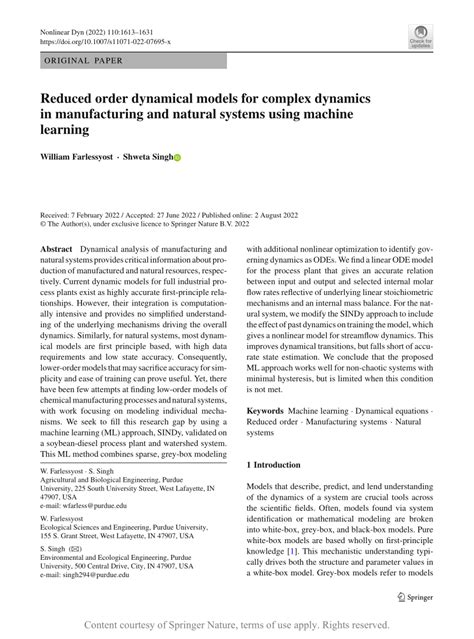 Reduced Order Dynamical Models For Complex Dynamics In Manufacturing And Natural Systems Using