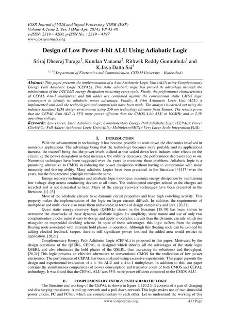 PDF Design Of Low Power Bit ALU Using Adiabatic Logic