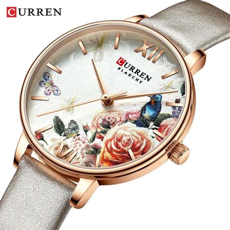 Curren Womens Fashion Casual Leather Wristwatch Beautiful Flower