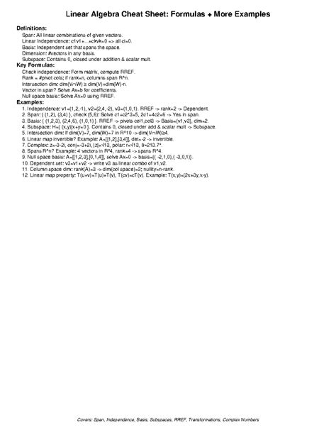 Linear Algebra Cheat Sheet Key Formulas And Examples Studocu