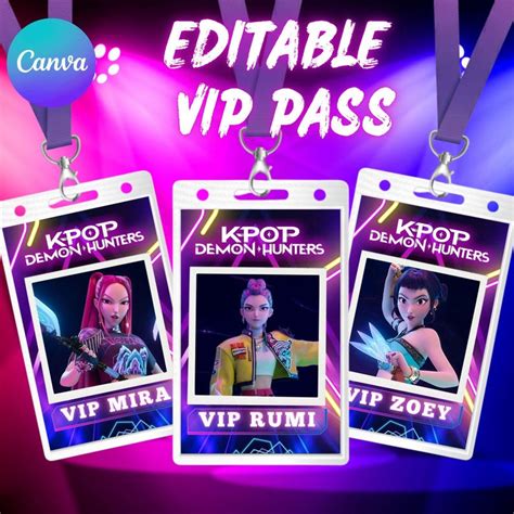 Demon Hunter Vip Pass Huntrix Id Badge Printable Kpop Vip Card Party