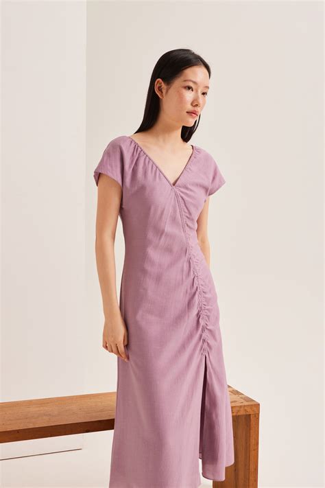 V Neck Ruched Midi Dress Our Second Nature