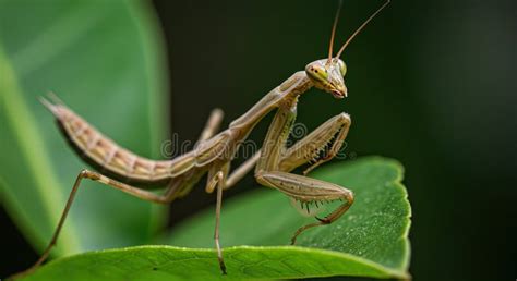 Intricate Macro View Of A Tan Praying Mantis Poised On A Vibrant Green