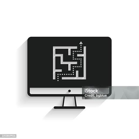 미로가 있는 데스크톱 컴퓨터 흰색 배경에 긴 그림자가 있는 아이콘 3차원 형태에 대한 스톡 벡터 아트 및 기타 이미지 3차원 형태 Brand Name Video