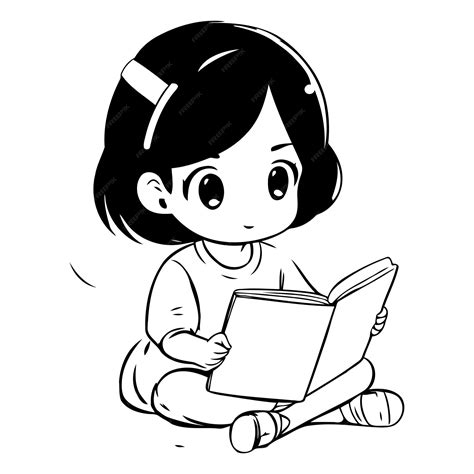 Premium Vector A Black And White Drawing Of A Girl Reading A Book