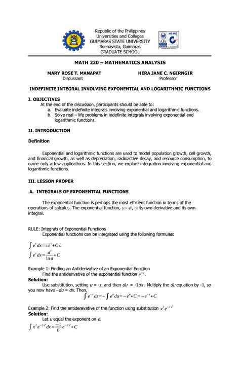 Math 220 Indefinite Integrals Involving Logarithmic And Exponential Functions Manapat Mary Rose