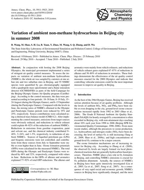Pdf Variation Of Ambient Non Methane Hydrocarbons In Beijing City In Summer 2008
