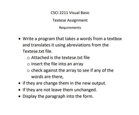 solved csci 2211 visual basic textese assignment