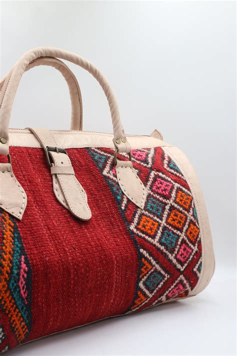 Moroccan Leather Kilim Duffle Bag Unisex Weekender Travel Bag Vintage