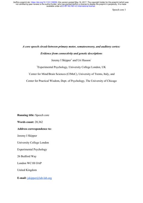 Pdf A Core Speech Circuit Between Primary Motor Somatosensory And Auditory Cortex Evidence