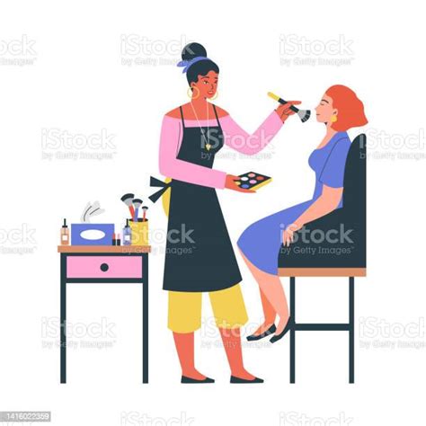 메이크업 아티스트의 의자에 앉아있는 여성 흰색 배경에 고립 된 평면 벡터 일러스트레이션 메이크업 아티스트에 대한 스톡 벡터 아트 및 기타 이미지 메이크업 아티스트