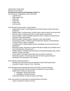 Lecture Exam I Study Guide Organism Level Organ System Level Organ Level Tissue Level