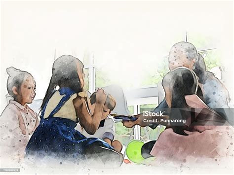 수채화 일러스트 페인팅 배경에 휴일 주말에 그림을 배우는 아이 소년과 소녀 교사 교육 관련 직업에 대한 스톡 사진 및 기타 이미지 교사 교육 관련 직업 가족 수채화