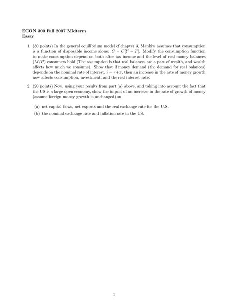 Midterm Exam Problems For Intermediate Macroeconomics Theory Econ 300 Docsity