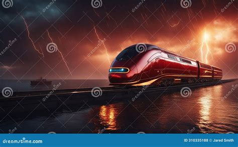 Fast Moving Car Luxury Train On The Ocean In A Lightning Storm Sci Fi