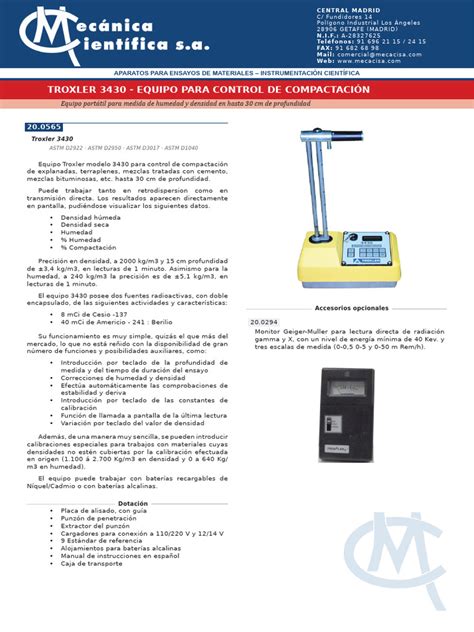 Densímetro Eléctrico Troxler 3430 Pdf Cantidades Fisicas