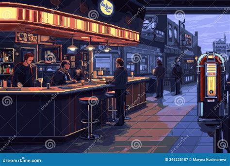 Pixel Art Retro Diner Scene Customers Enjoy Meals At Bar Glowing