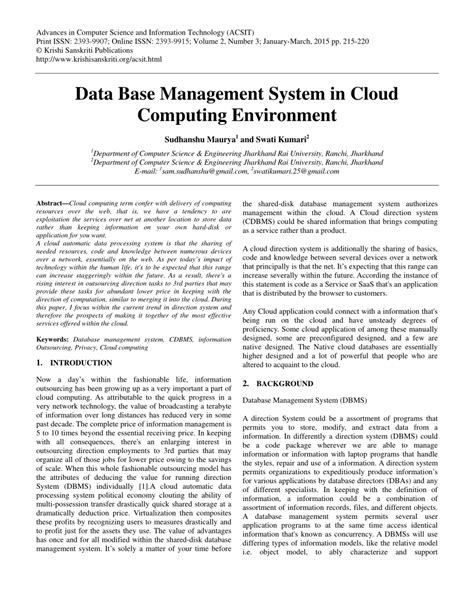 Pdf Data Base Management System In Cloud Computing Environment