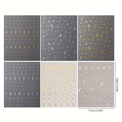 반짝이는 달 별 태양 네일 아트 스티커 6개 세트 자체 접착식 골드 데칼 쉬운 적용 및 제거 Temu