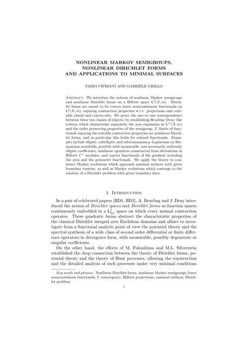 Pdf Nonlinear Markov Semigroups Nonlinear Dirichlet Forms And Applications To Minimal Surfaces