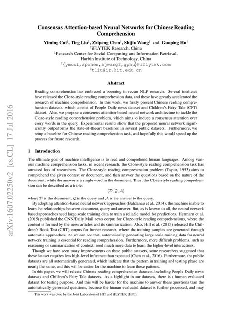 Consensus Attention Based Neural Networks For Chinese Reading Comprehension Deepai