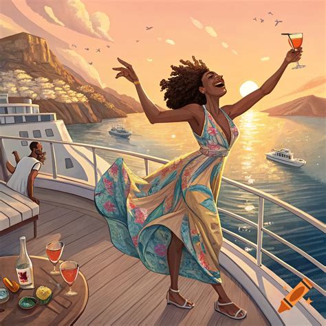 Illustration Of A Woman Dancing On A Yacht Deck At Sunset Holding A