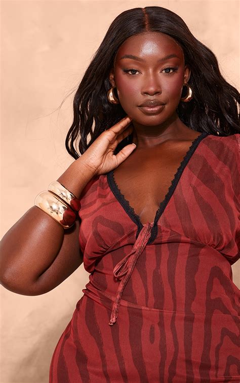 Plus Dark Red Zebra Print Lace Trim Maxi Dress Plus Size