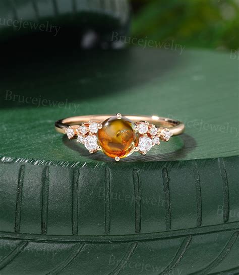 Vintage Amber Engagement Ring Art Deco Rose Gold Moissanite Ring