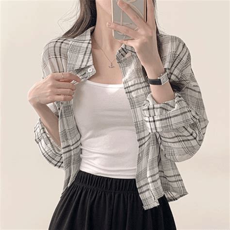 [여름긴팔 여름셔츠] 여름도함께 쥬레 체크 포켓 크롭 긴팔 셔츠 남방 4color 에이블리