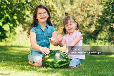 여름 정원에서 잔디밭에 큰 수박에 의해 쪼그리고 작은 유아 소녀 함께 자유 시간을 보내고 개념 가정 생활에 대한 스톡 사진 및 기타 이미지 Istock