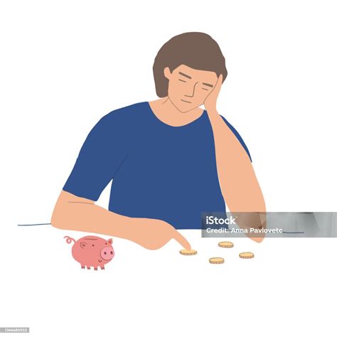 만화 슬픈 남자는 돼지 돼지 저금통에서 자신의 돈을 계산합니다 파산 과 실업 개념 한 남자나 여자가 재정에 대해 생각하고