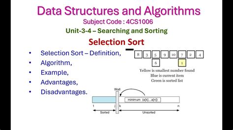 Selection Sort 3 4 Data Structures And Algorithms Unit 3 Searching And Sorting 4cs1006 Youtube