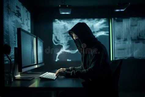 Hacker Dressed In A Hoodie Sitting In A Dark Room Surrounded By Monitors Coding Malicious