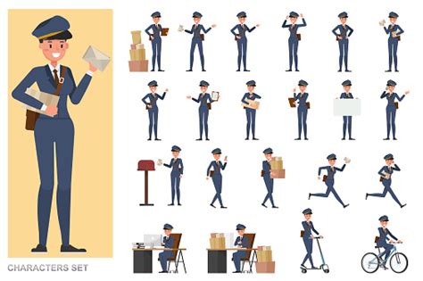 포스트우먼 캐릭터 벡터 디자인 집합입니다 감정 달리기 서서 걷기와 함께 다양한 액션으로 프리젠 테이션 직업에 대한 스톡 벡터