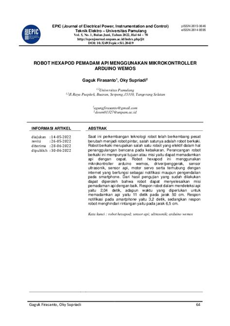 Pdf Robot Hexapod Pemadam Api Menggunakan Mikrokontroller Arduino Wemos