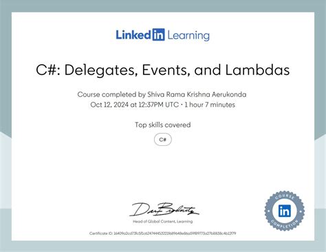 Im Excited To Share That I Have Completed The C Delegates Events And Lambdas Course By Joe