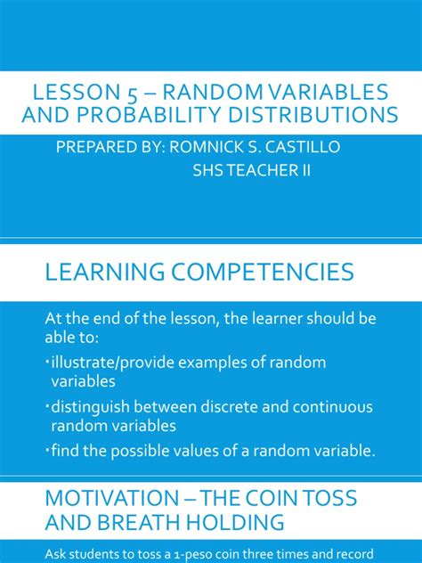 Lesson 5 Random Variables And Probability Distributions Pdf