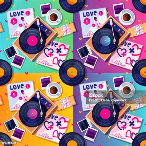 축음기 레코드와 축음기에는 즉석 인쇄 사진과 용암 램프가 하트가 있는 다채로운 추상 배경에 있습니다 만화 스타일의 사랑의 멜로디 창조적 인 세련된 심리스 복고풍 패턴 라바