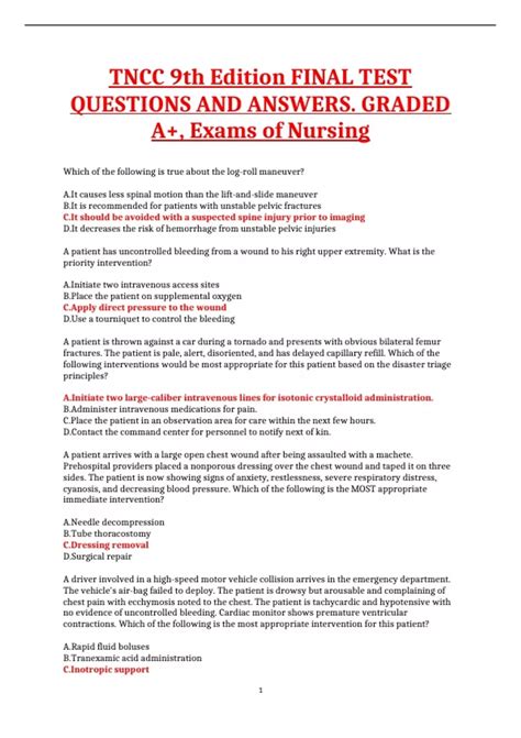 Tncc 9th Edition Final Test Questions And Answers And Rationale Graded A Exams Of Nursing