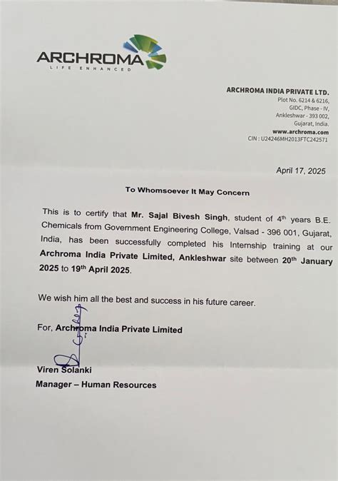 Chemicalengineering Internshipexperience Archroma Ankleshwar