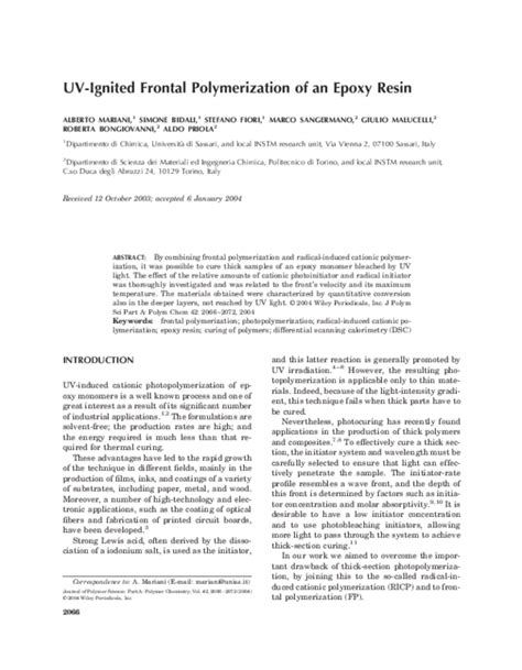 Pdf Uv Ignited Frontal Polymerization Of An Epoxy Resin
