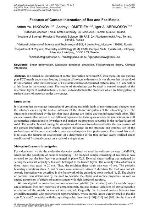 Pdf Features Of Contact Interaction Of Bcc And Fcc Metals